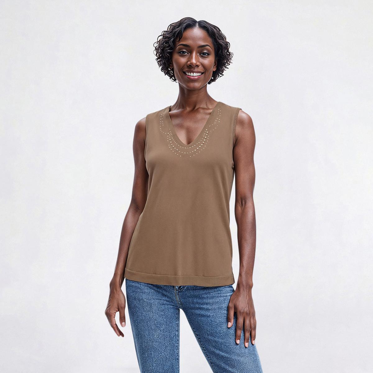 Click here for Womens Kasper Sleeveless V Neck Rhinestone Shell B... prices